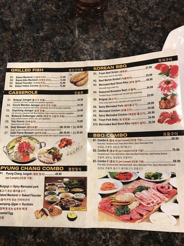 Menu at Pyung Chang Korean BBQ, Mount Vernon