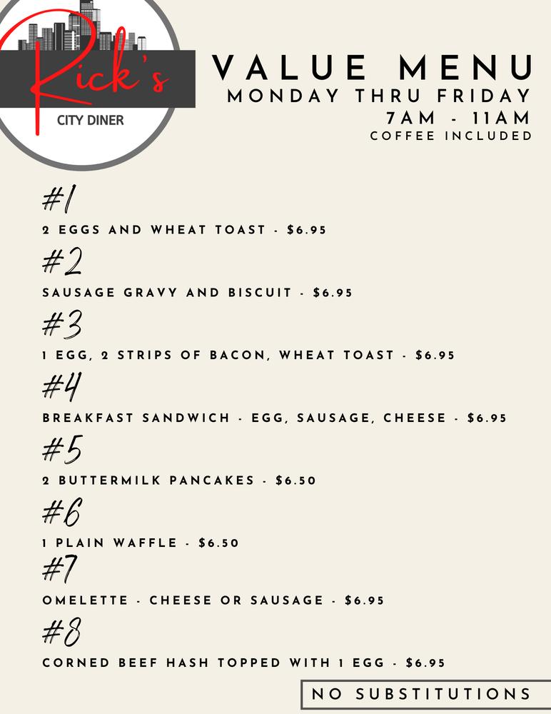 Menu at Rick's City Diner cafe, Toledo, Monroe St #40