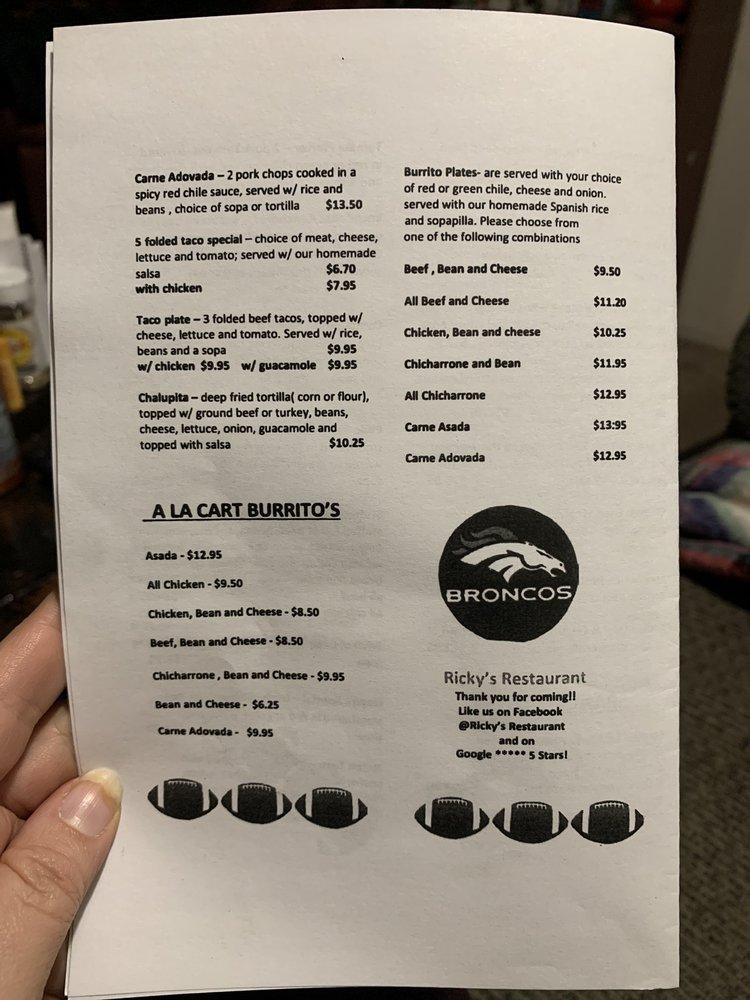 Menu at Ricky's restaurant, Taos