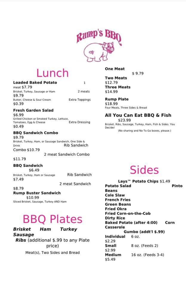Menu at Rump's BBQ, USA, 120 Farm-To-Market Rd 3328