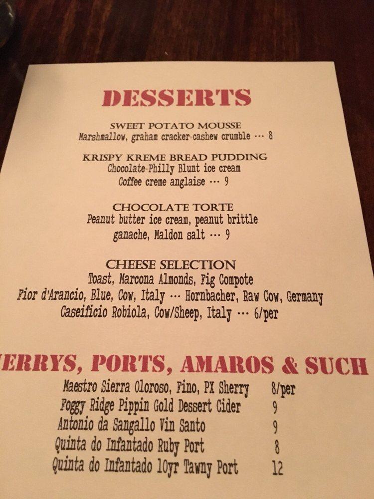Menu at Stanbury restaurant, Raleigh