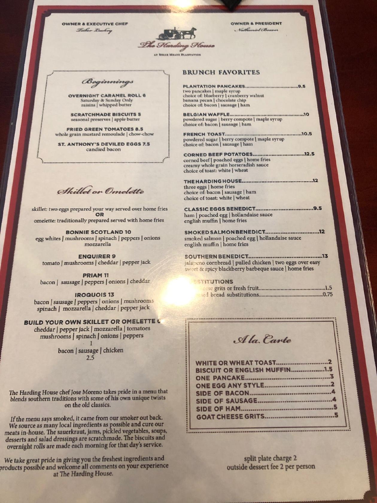 Menu at The Harding House restaurant, Nashville