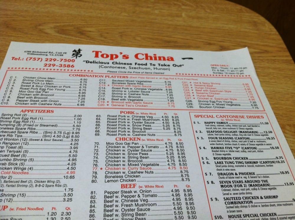 Menu at Top's China restaurant, Williamsburg