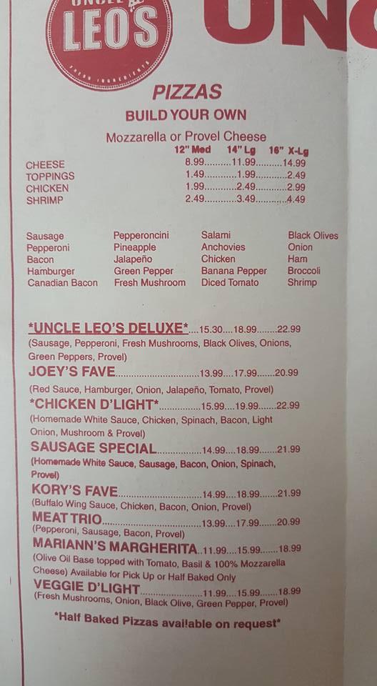 Menu at Uncle Leo's Pizza pizzeria, Concord