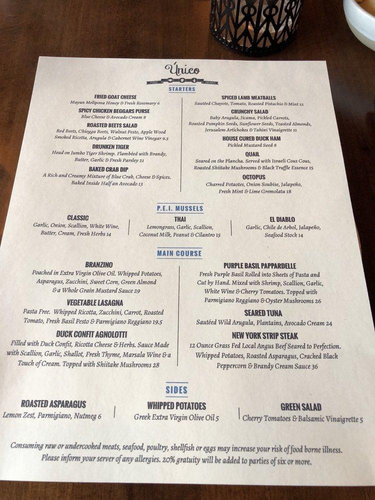 Menu at Unico restaurant, Hartsdale