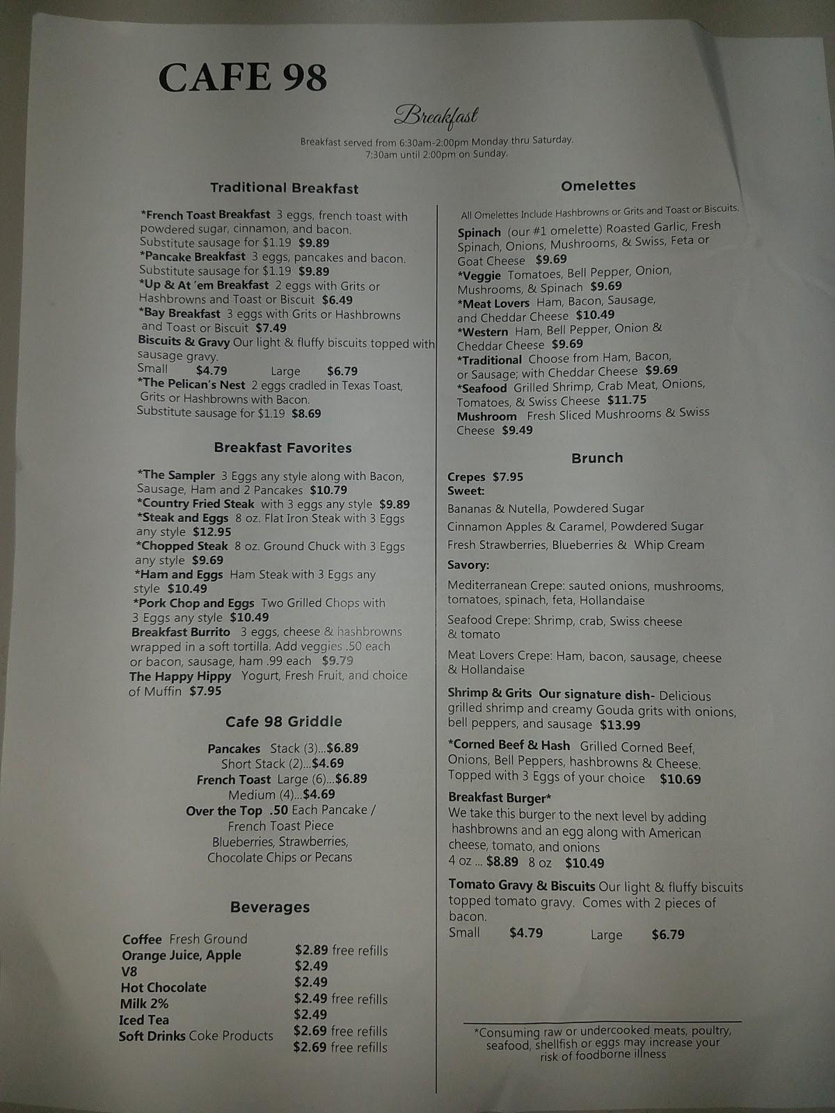 Menu at Cafe 98, Fairhope