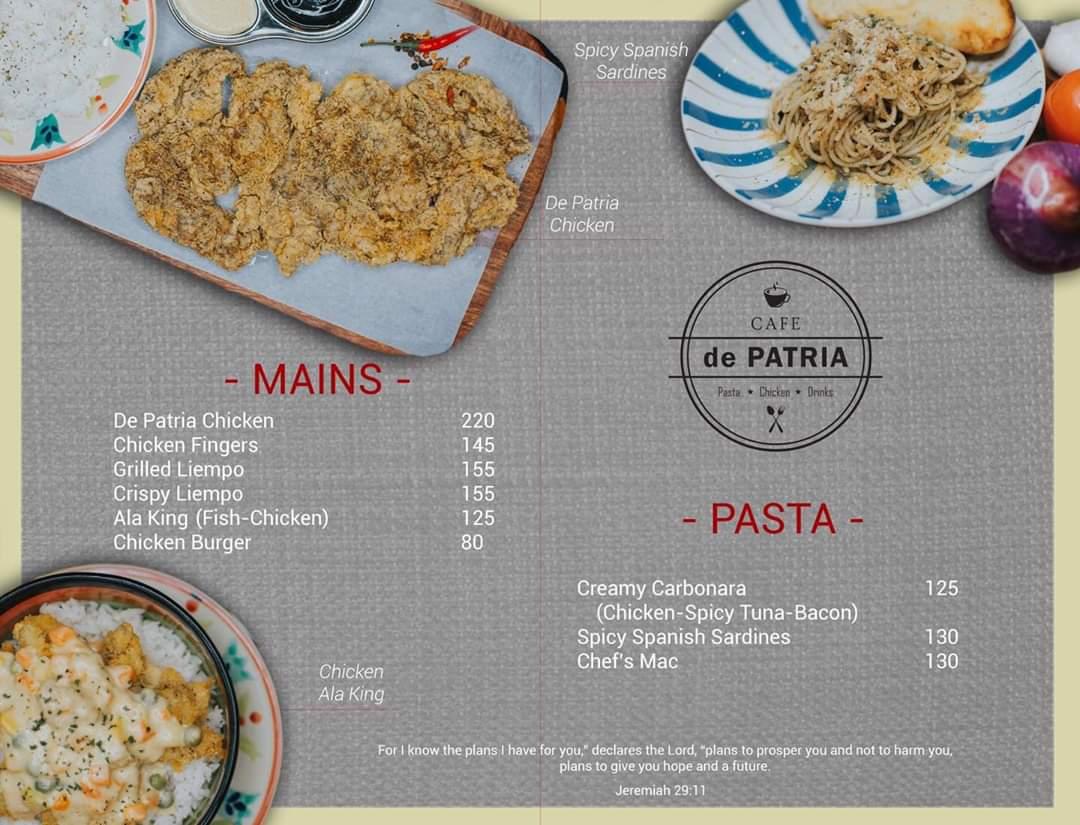 Menu at Cafè de Patria restaurant, Pagsanjan