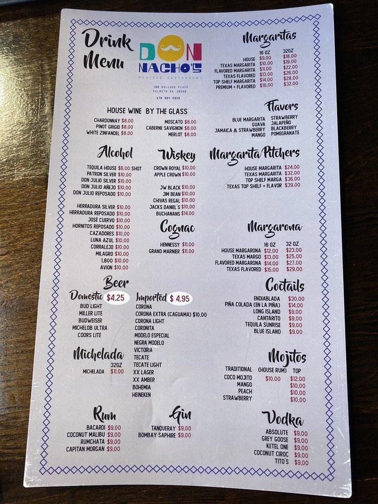 Menu at Don Nacho's Palmetto restaurant, Palmetto