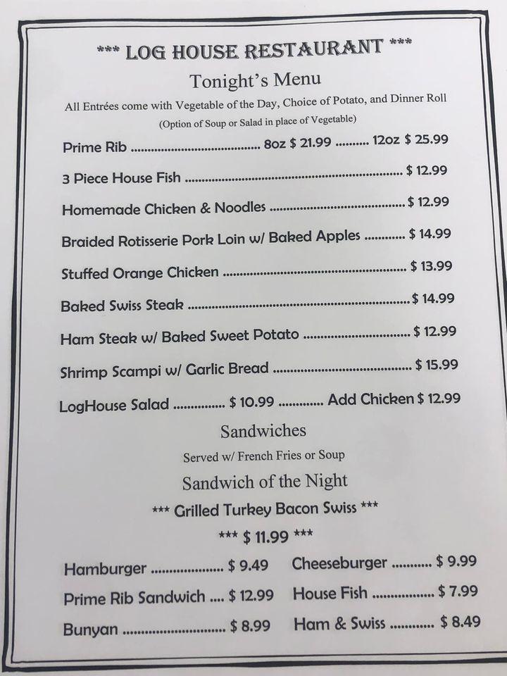 Menu at Log House Restaurant, Argos, 101 N Michigan St