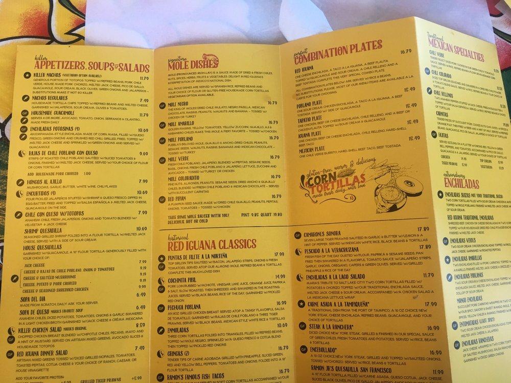 Menu at Red Iguana restaurant, Salt Lake City, 736 W North Temple St