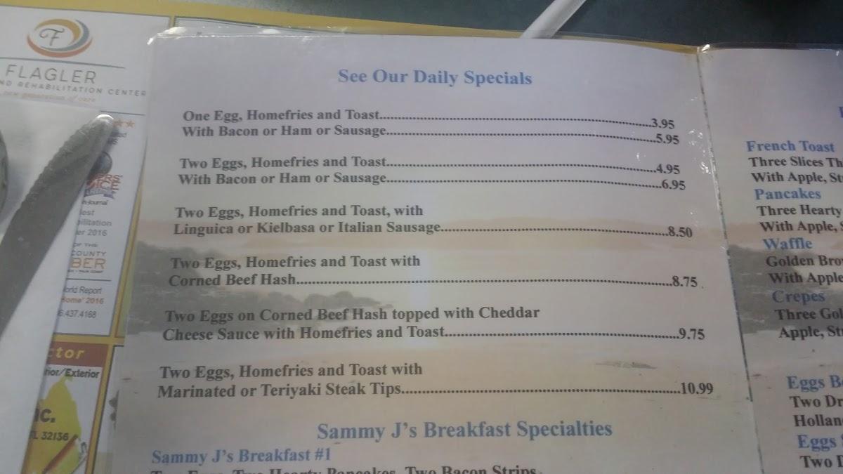 Menu at Sammy J's Boston's Best Breakfast restaurant, Flagler Beach