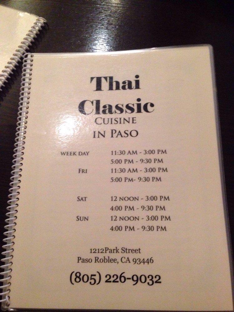 Menu at Thai Classic in Paso restaurant, Paso Robles