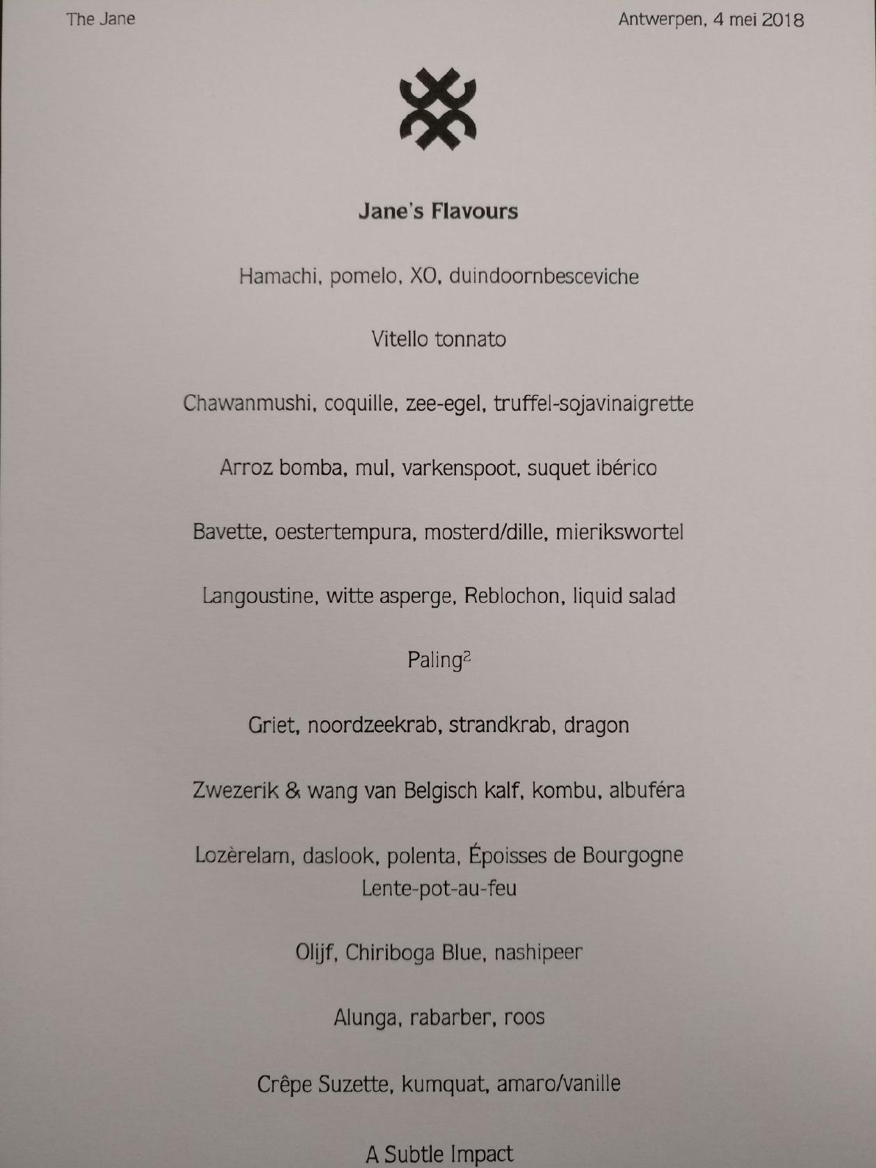 Menu at The Jane, Antwerp