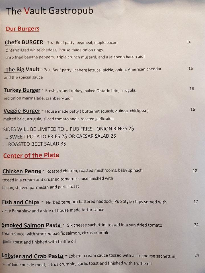 Menu at The Vault Gastropub, Whitby, 102 Brock St S