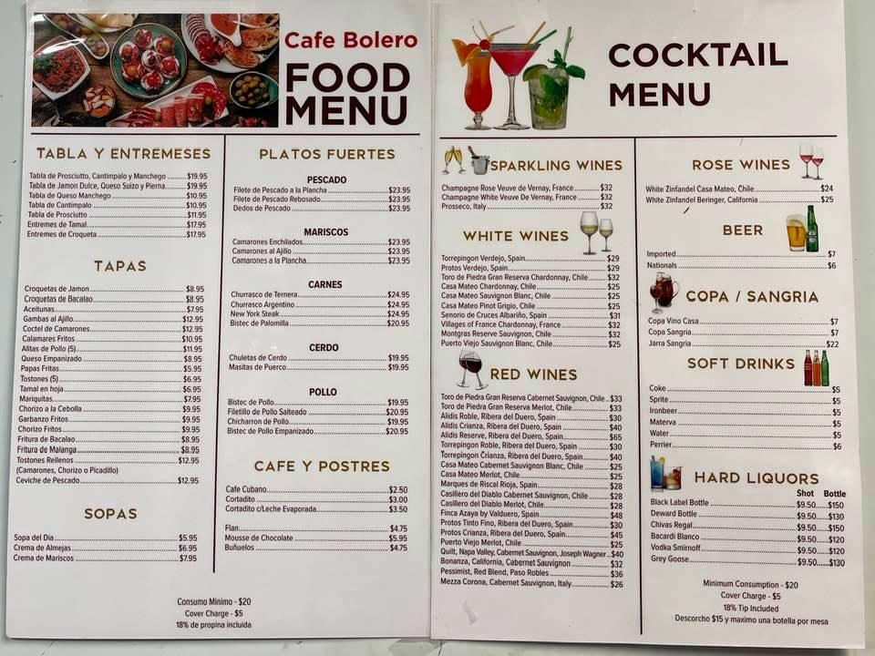 Menu at Cafe Bolero 9606 sw 72 st miami 33173, Miami
