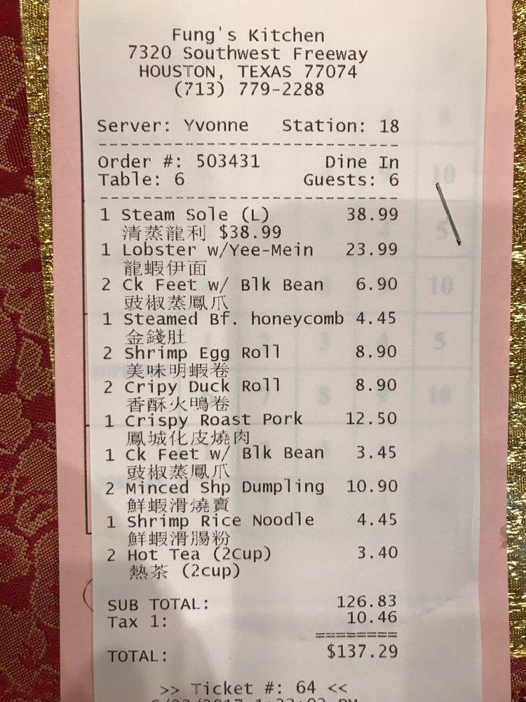 Menu at Fung's Kitchen restaurant, Houston
