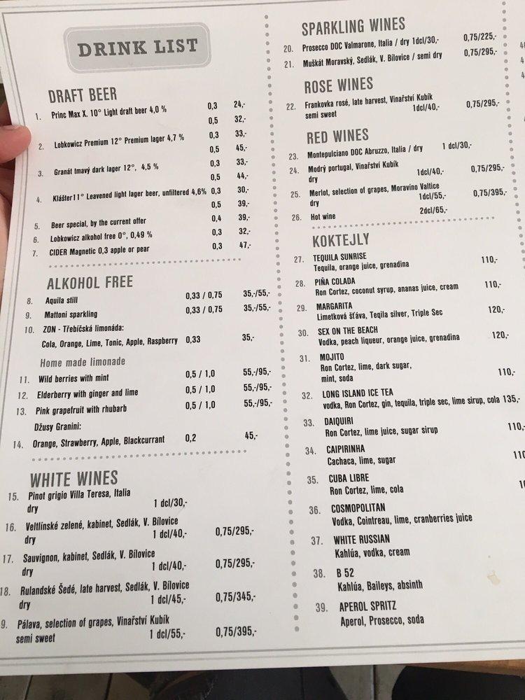Menu at Guston restaurant, Prague