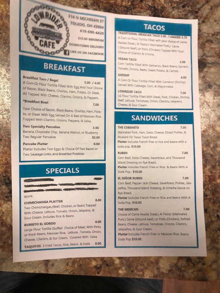 Menu at Lowrider Cafe, Toledo