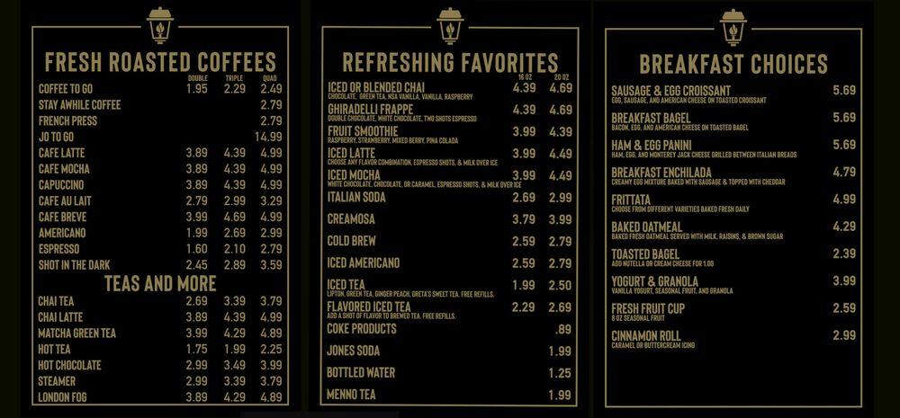 Menu at Main Street Roasters cafe, Nappanee