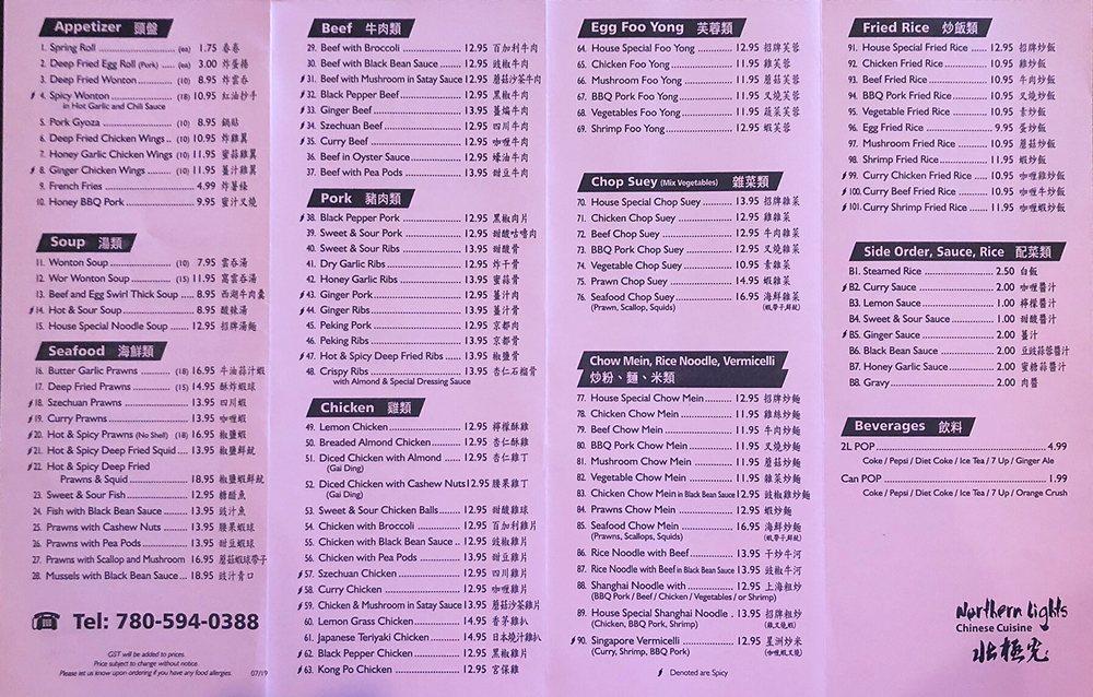 Menu at Northern Lights Chinese Cuisine restaurant, Cold Lake