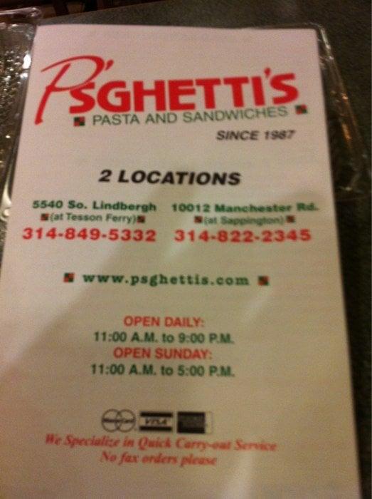 Menu at P'Sghetti's Pasta & Sandwiches restaurant, Rock Hill, Manchester Rd
