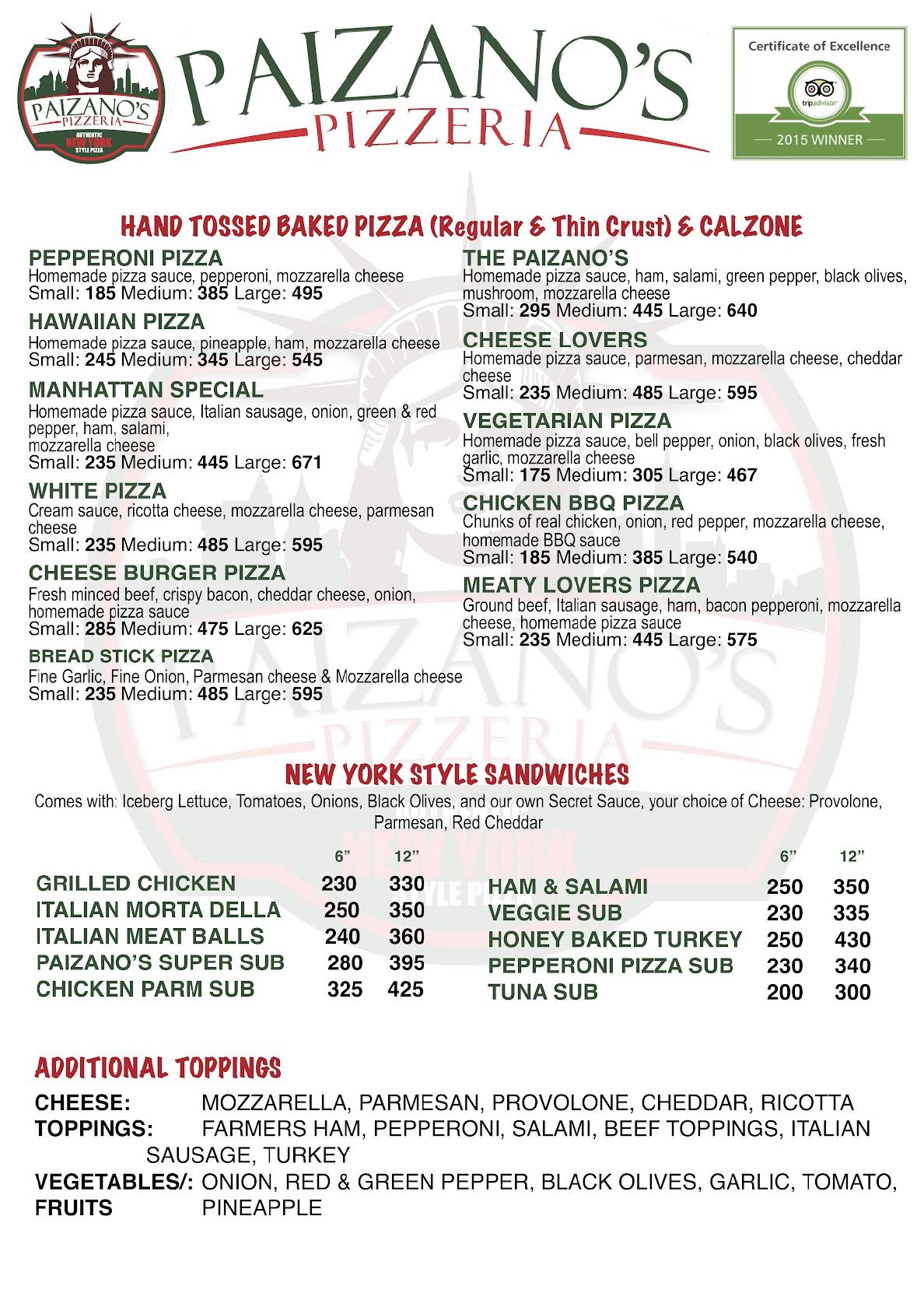 Menu at Paizano's Pizzeria, Angeles