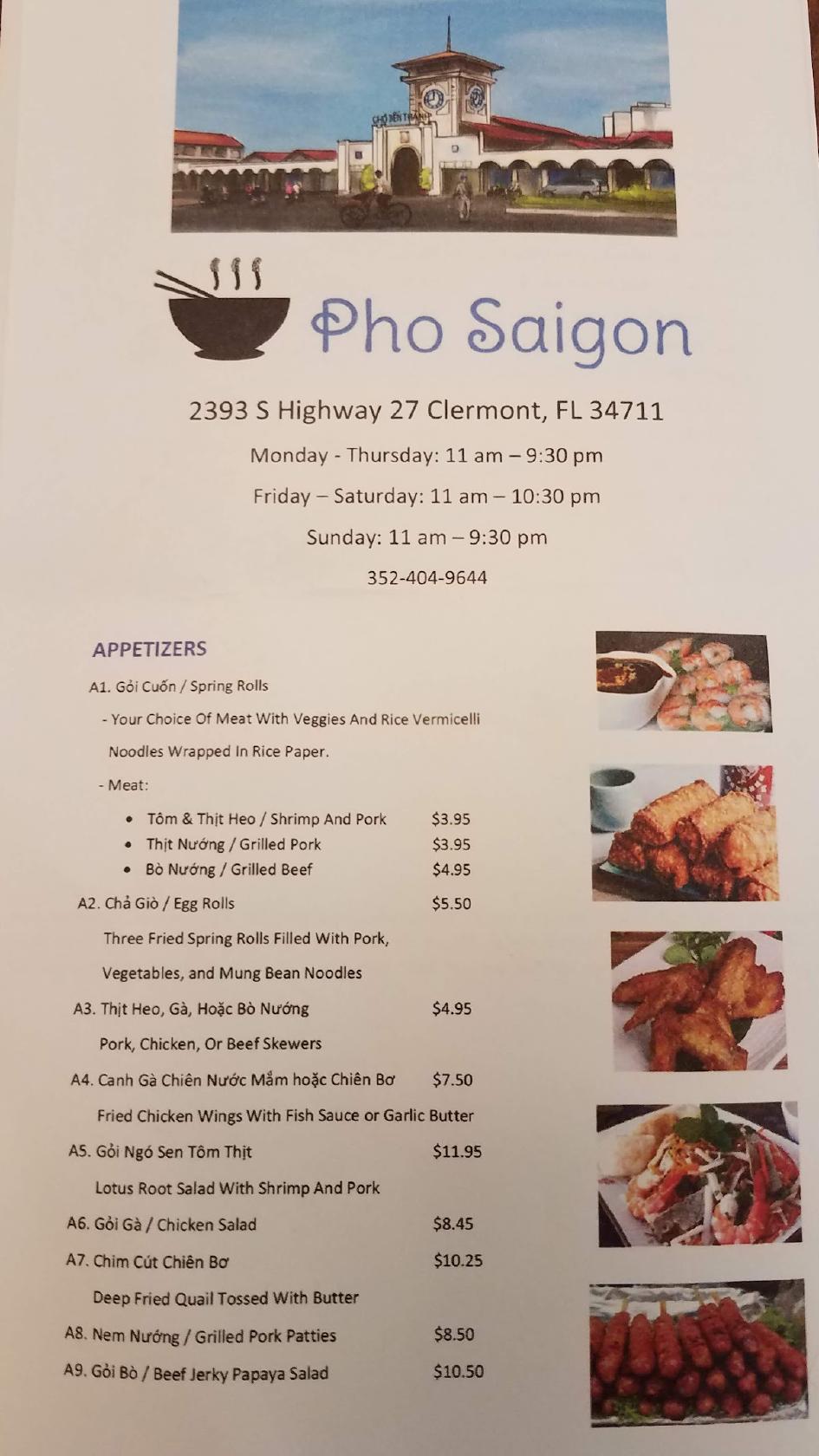 Menu at Pho Saigon 2 restaurant, Clermont, US Hwy 27