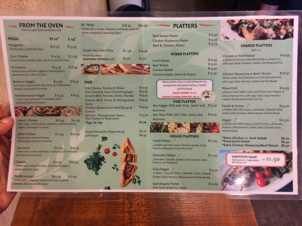 Menu at Sofra Mediterranean Kitchen restaurant, Vancouver