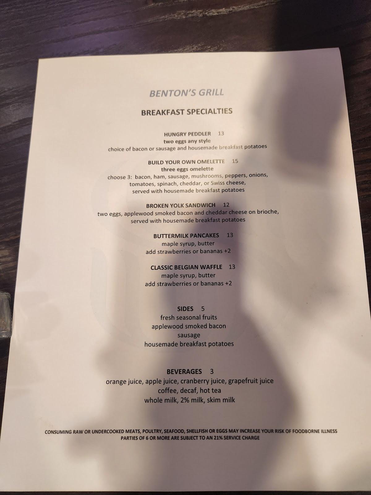 Menu at Benton's Grill restaurant, Atlanta