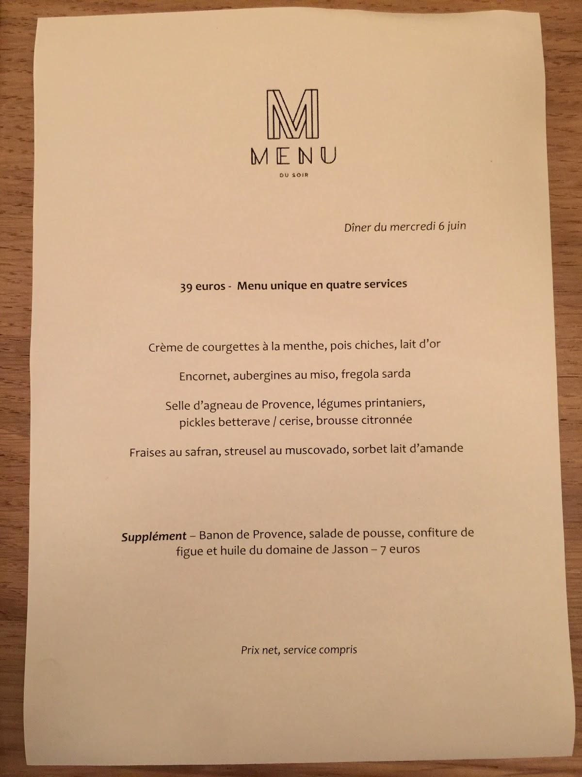 Menu au Ourea restaurant, Marseille