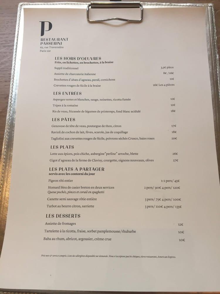 Menu at Restaurant Passerini, Paris, 65 Rue Traversière