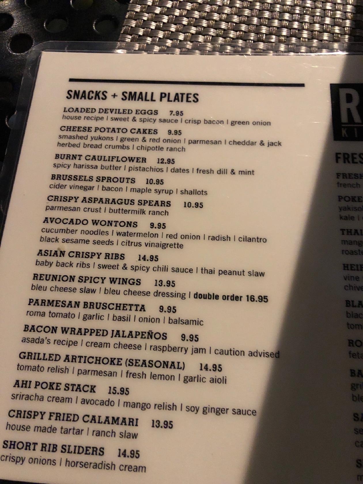 Menu at Reunion Kitchen + Drink pub & bar, Laguna Beach