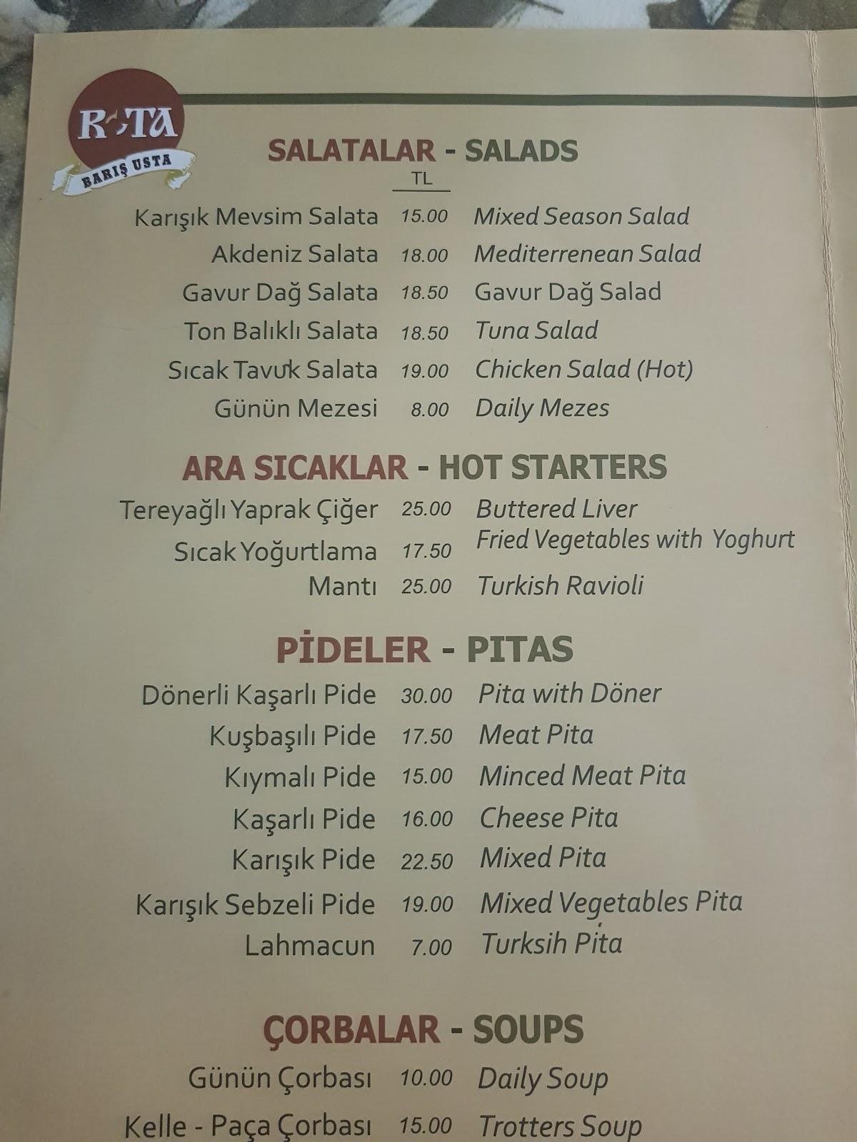 Menu at Rota Barış Usta, Marmaris, SarIana