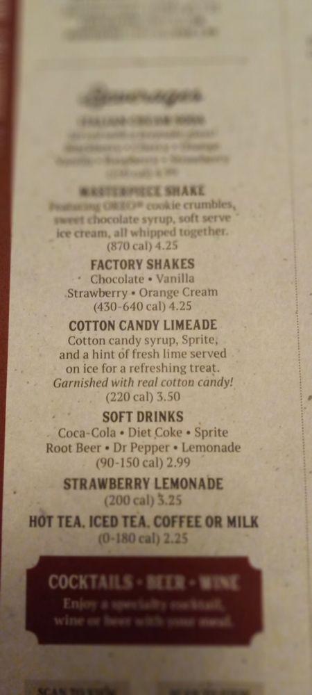 Carta del restaurante The Old Spaghetti Factory, Oklahoma City