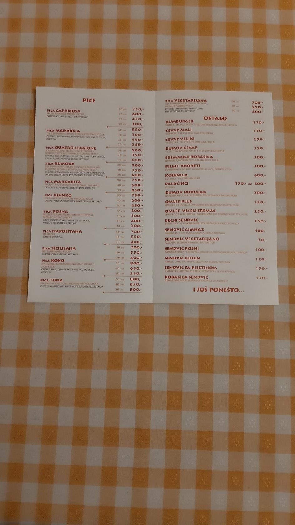 Menu at picerija KUM restaurant, Sremski Karlovci