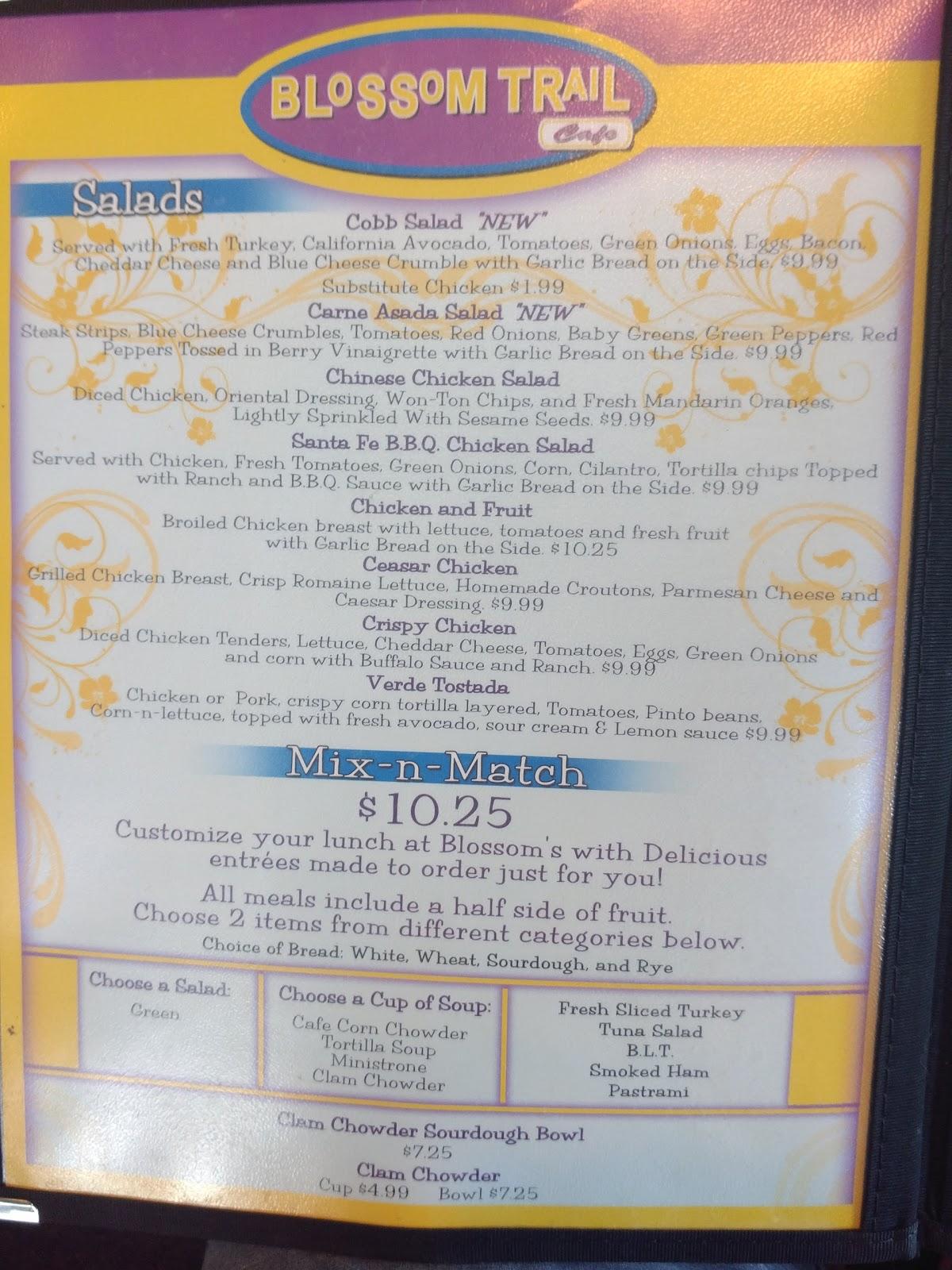 Menu at Blossom Trail Cafe, Sanger