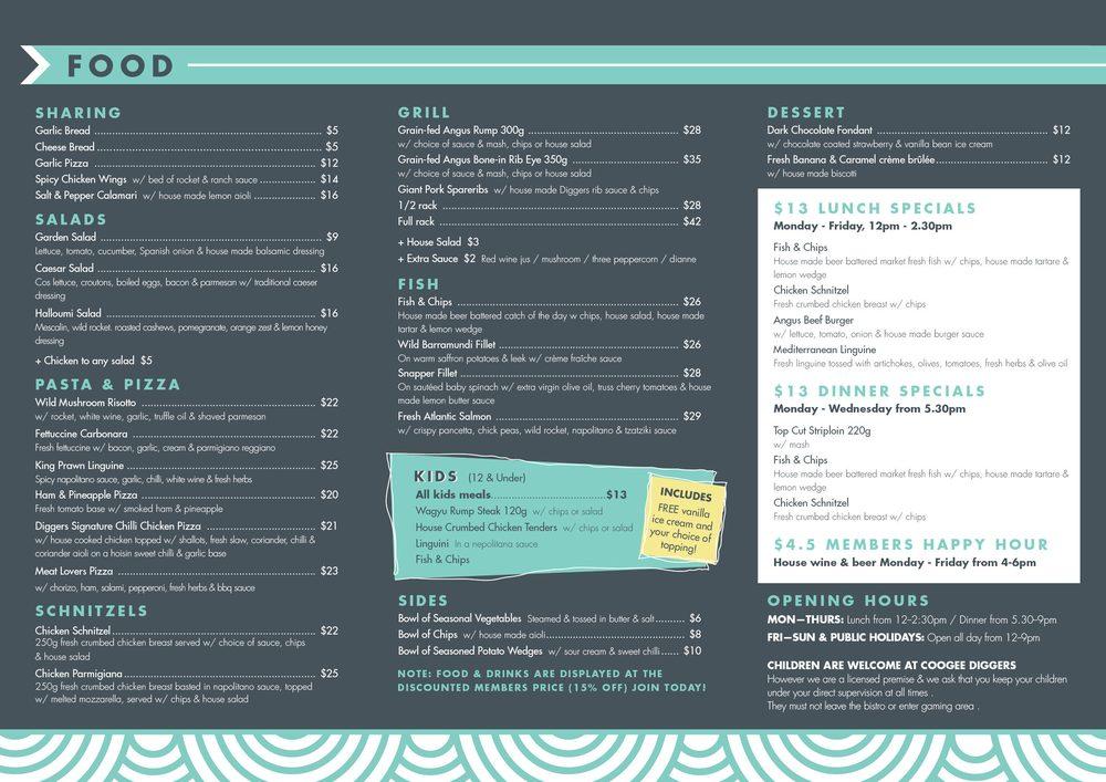 Menu at Coogee Diggers pub & bar, Coogee, Byron St