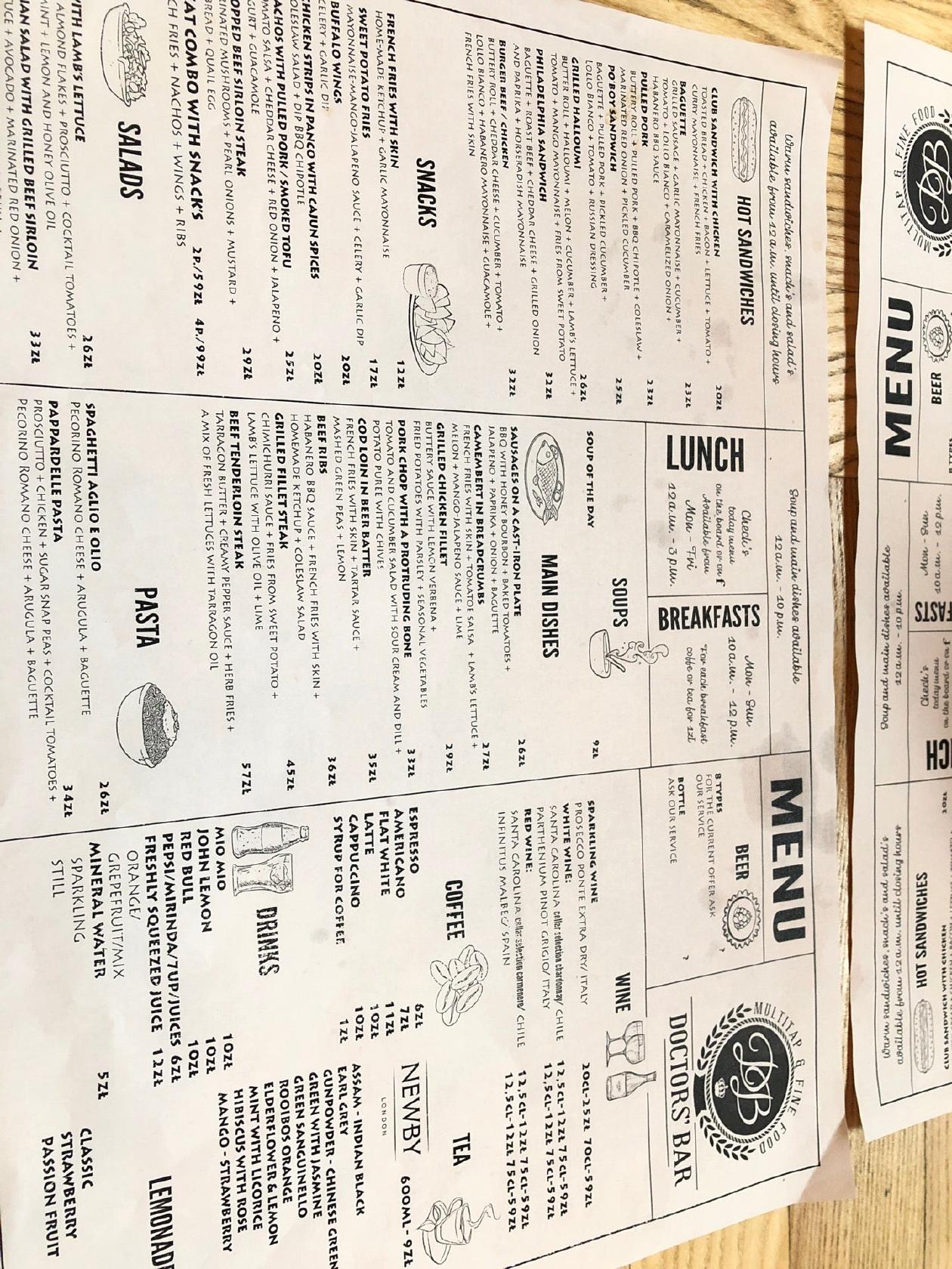 Menu at Doctors' Bar, Wrocław