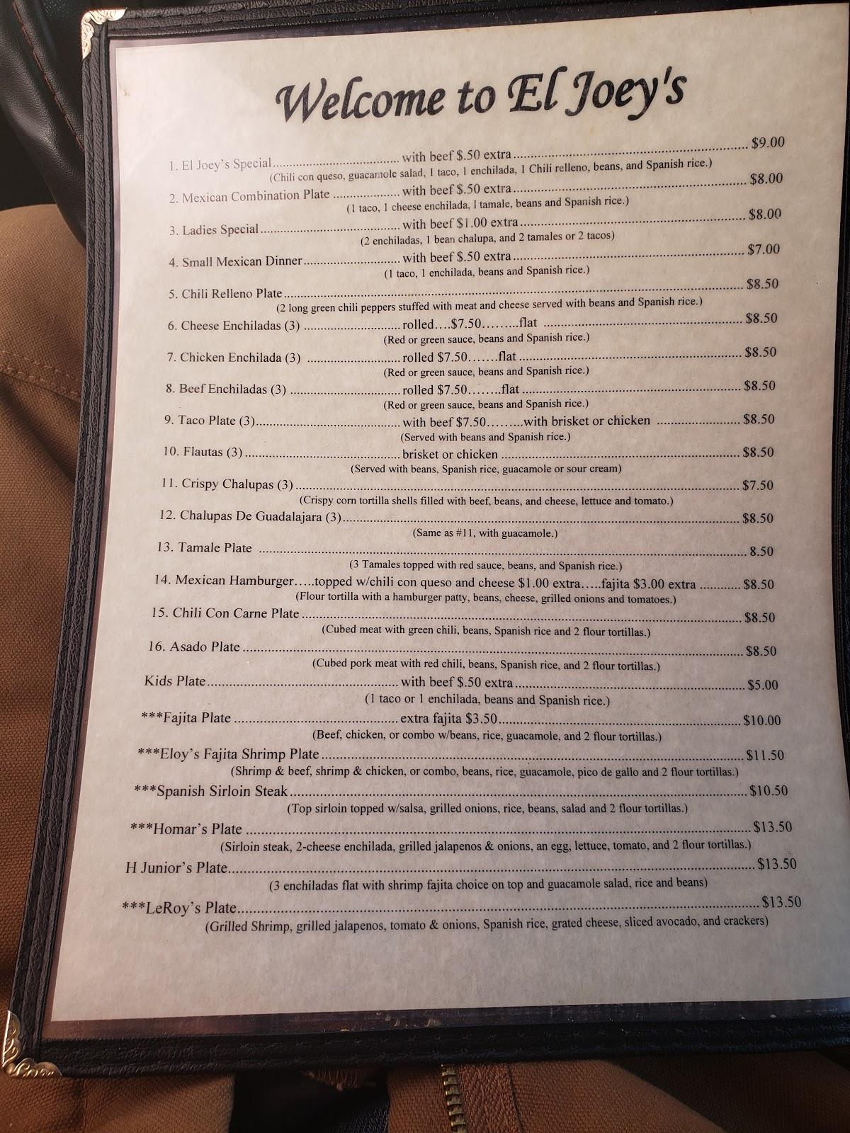 Menu at El Joey's Restaurant, Kermit