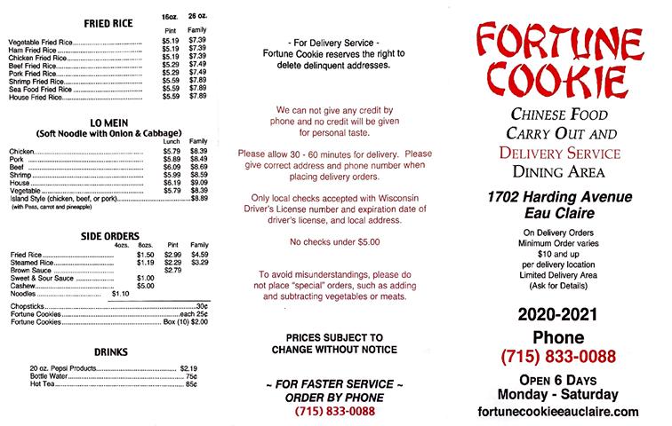 Menu at Fortune Cookie restaurant, Eau Claire