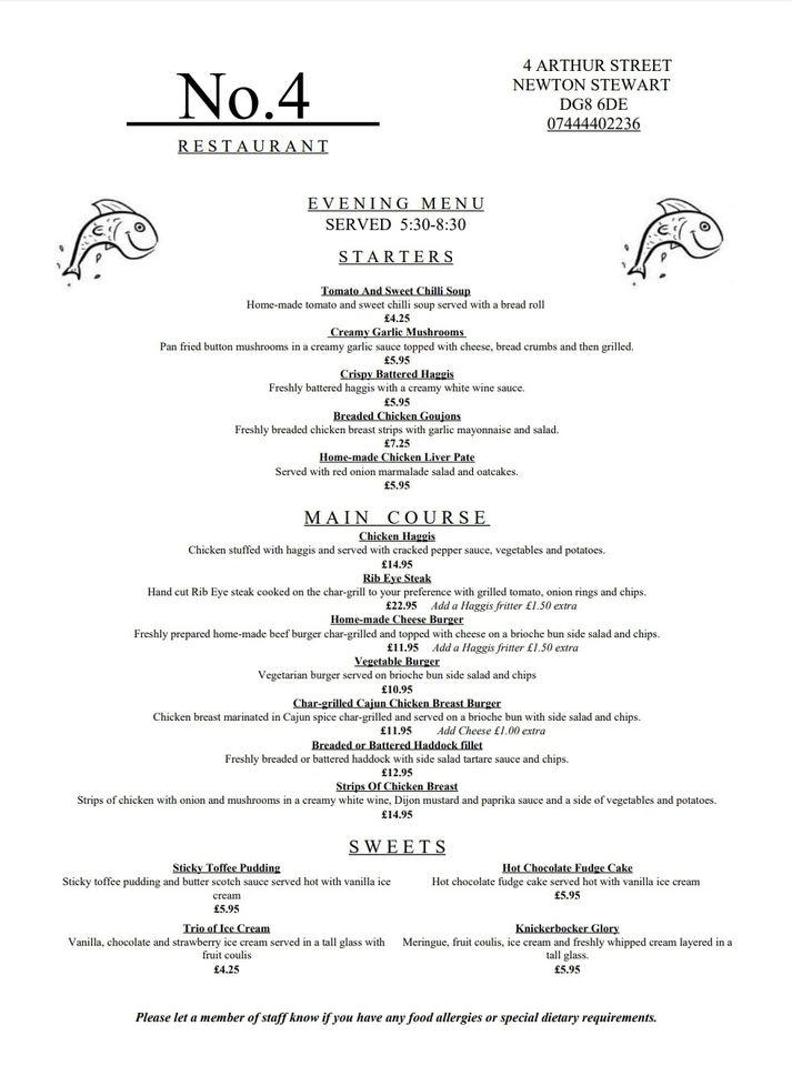 Menu at No.4 Restaurant, Newton Stewart