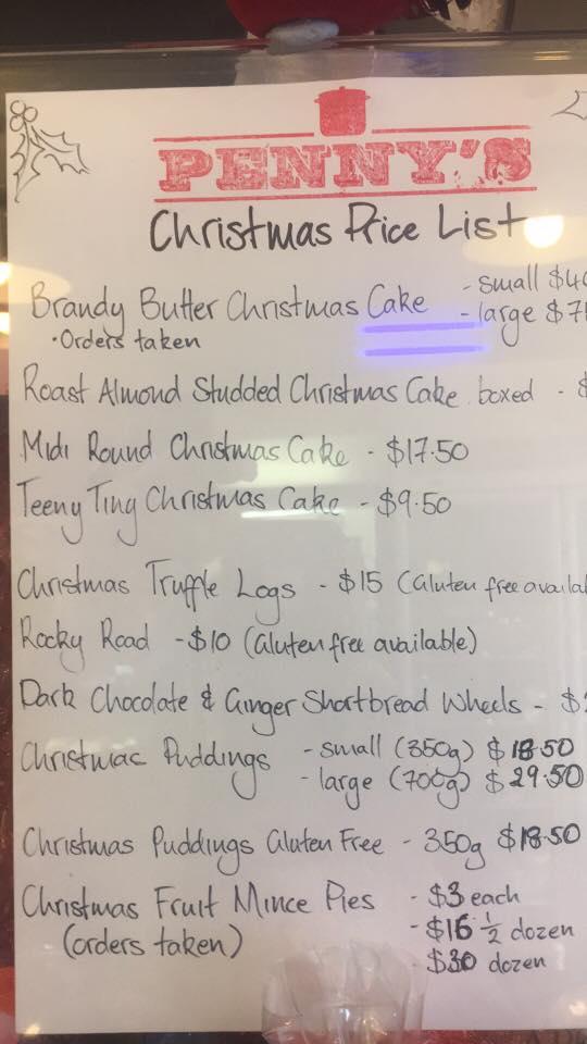 Menu at Penny's cafe, Wellington