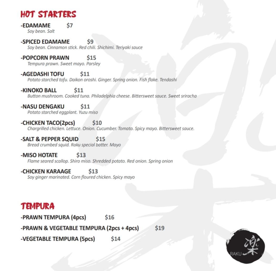Menu at Raku Izakaya restaurant, Orange