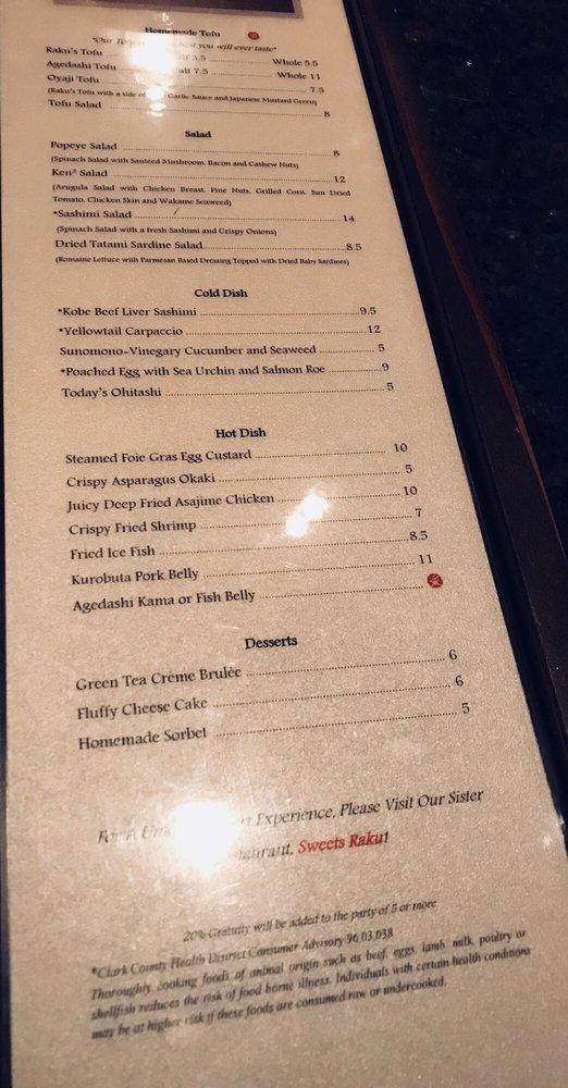 Menu at Raku restaurant, Las Vegas