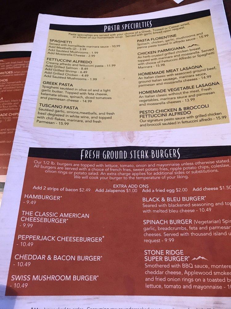 Menu at Stone Ridge Tavern restaurant, Asheville