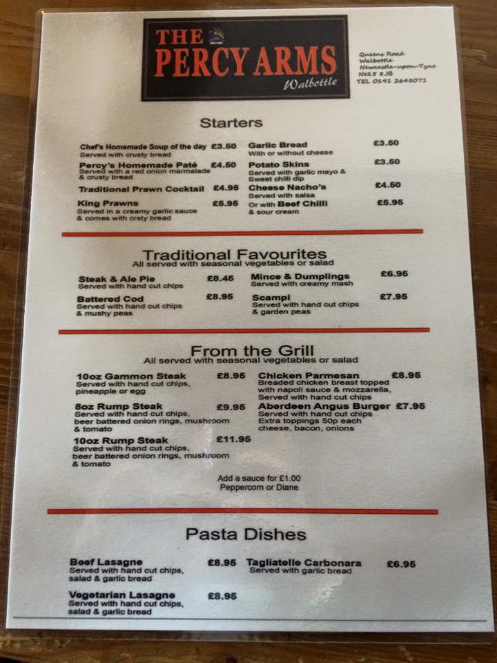 Menu at The Percy Arms Walbottle pub & bar, Newcastle upon Tyne, Queens Rd
