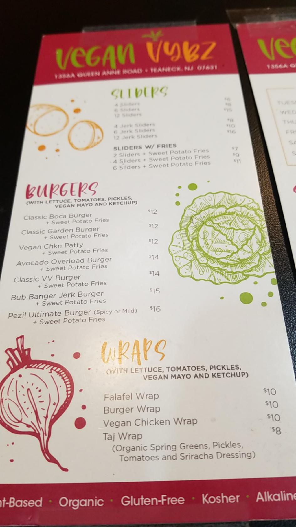 Menu at Vegan Vybz restaurant, Teaneck