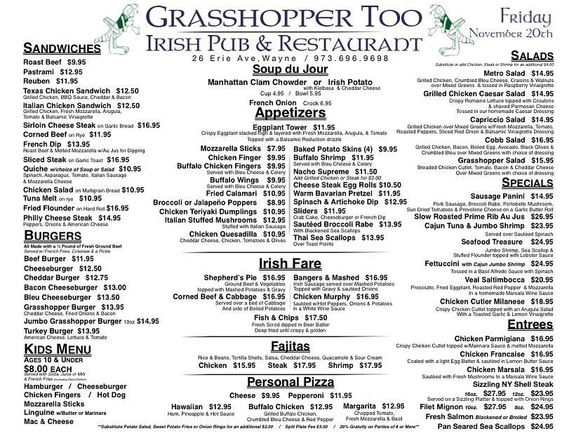 Menu at Grasshopper Too pub & bar, Wayne