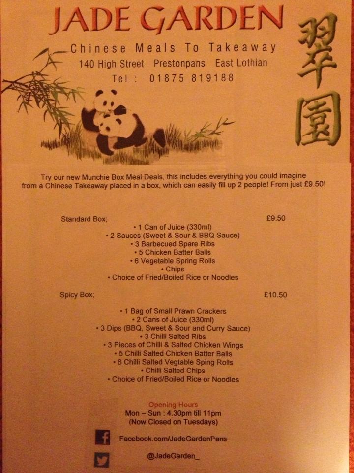 Menu at Jade Garden fast food, Prestonpans