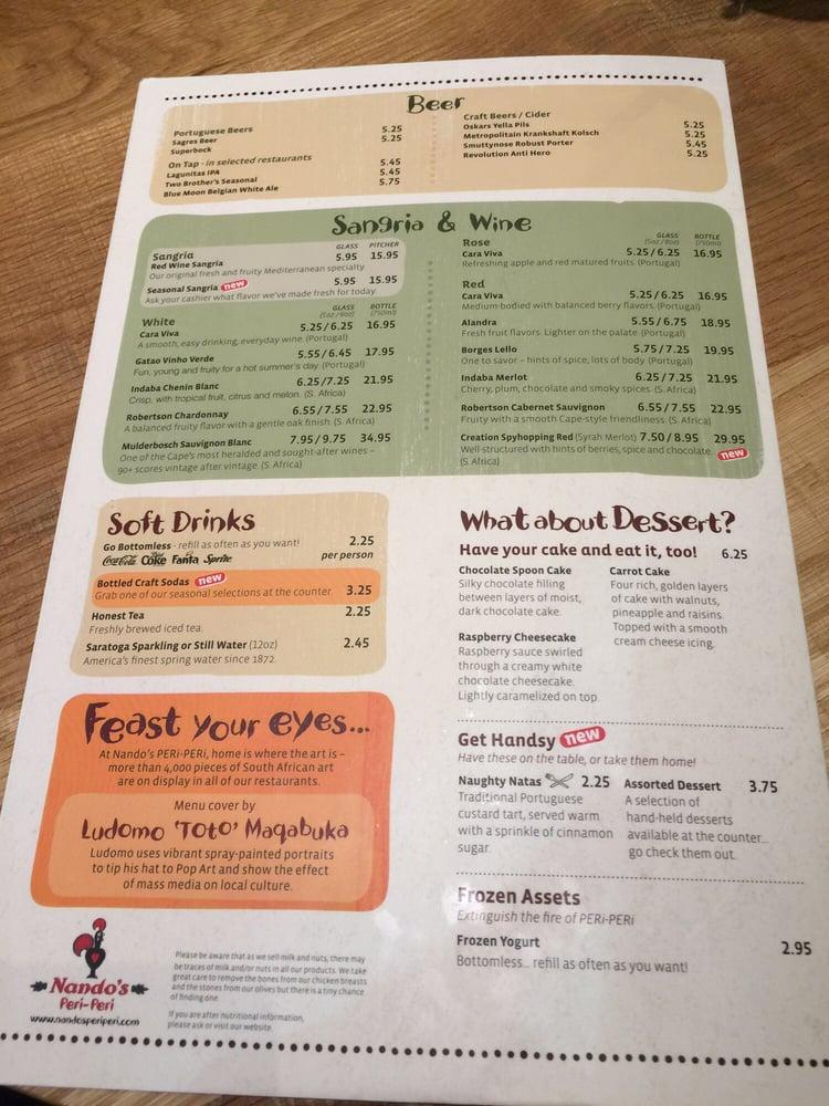 Menu at Nando's PERi-PERi restaurant, Naperville